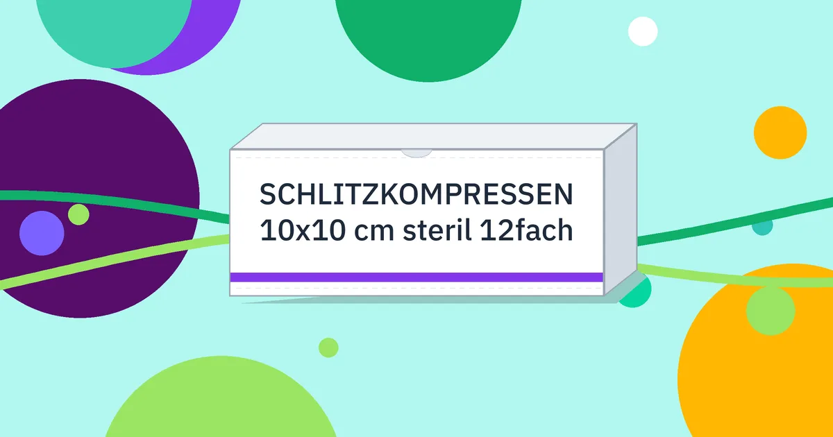 Symbolbild: Packung mit der Aufschrift SCHLITZKOMPRESSEN 10x10 cm steril 12fach (PZN 08888999) – Verfügbarkeit und Bezug in Apotheken in Frankfurt am Main