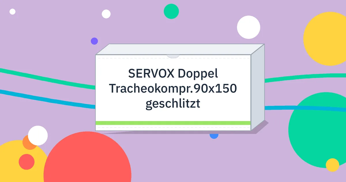 Symbolbild: Packung mit der Aufschrift SERVOX Doppel Tracheokompr.90x150 geschlitzt (PZN 07786676) – Verfügbarkeit und Bezug in Apotheken in Frankfurt am Main