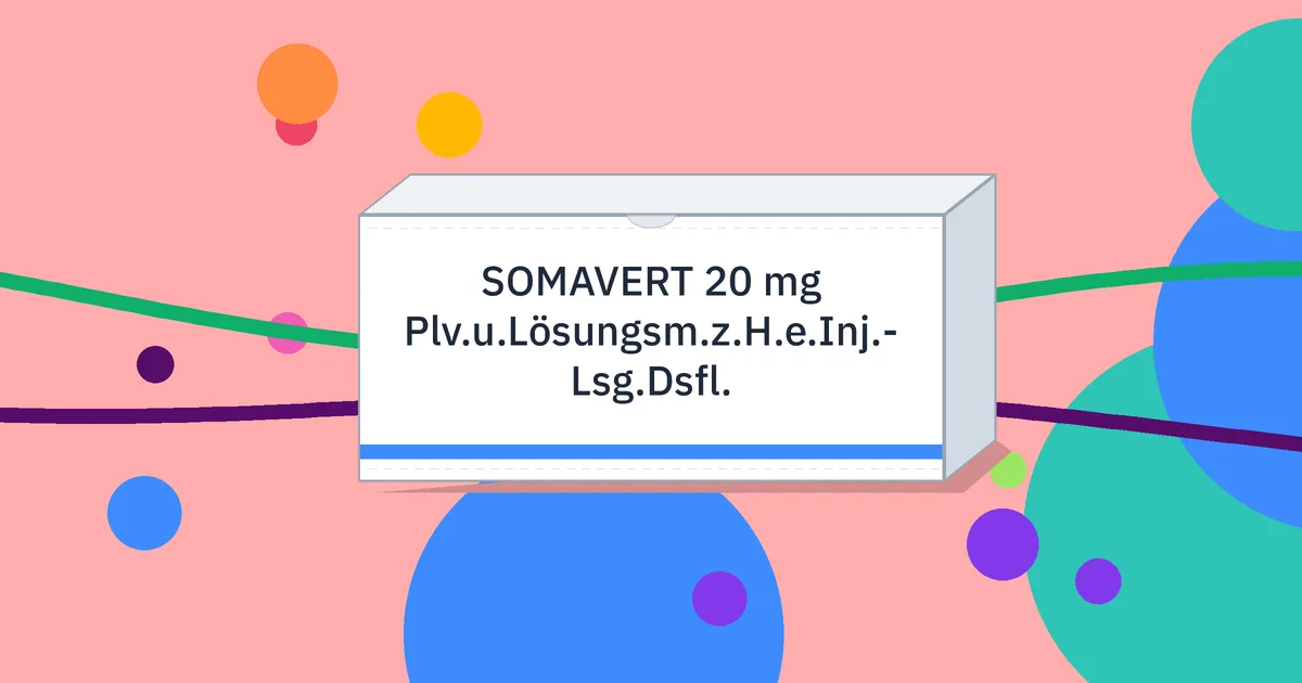 Symbolbild: Packung mit der Aufschrift SOMAVERT 20 mg Plv.u.Lösungsm.z.H.e.Inj.-Lsg.Dsfl. (PZN 13584741) – Verfügbarkeit und Bezug in Apotheken in Frankfurt am Main
