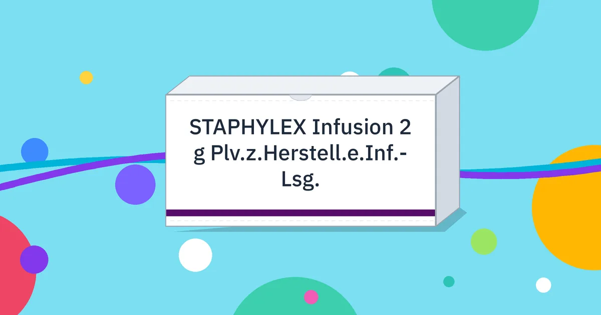 Symbolbild: Packung mit der Aufschrift STAPHYLEX Infusion 2 g Plv.z.Herstell.e.Inf.-Lsg. (PZN 08630516) – Verfügbarkeit und Bezug in Apotheken in Frankfurt am Main