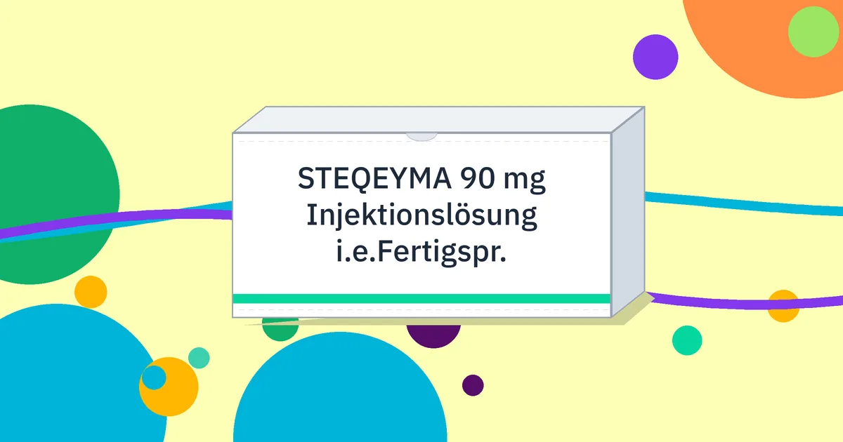 Symbolbild: Packung mit der Aufschrift STEQEYMA 90 mg Injektionslösung i.e.Fertigspr. (PZN 19871536) – Verfügbarkeit und Bezug in Apotheken in Frankfurt am Main