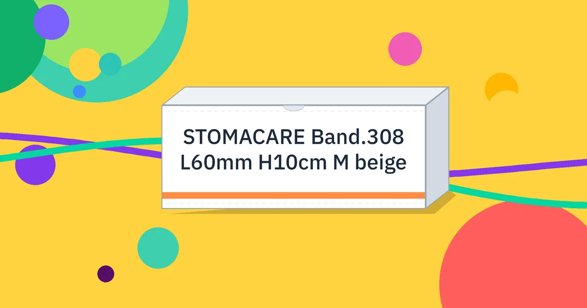 Symbolbild: Packung mit der Aufschrift STOMACARE Band.308 L60mm H10cm M beige (PZN 10840468) – Verfügbarkeit und Bezug in Apotheken in Frankfurt am Main