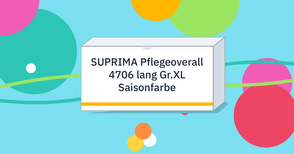 Symbolbild: Packung mit der Aufschrift SUPRIMA Pflegeoverall 4706 lang Gr.XL Saisonfarbe (PZN 11660314) – Verfügbarkeit und Bezug in Apotheken in Frankfurt am Main