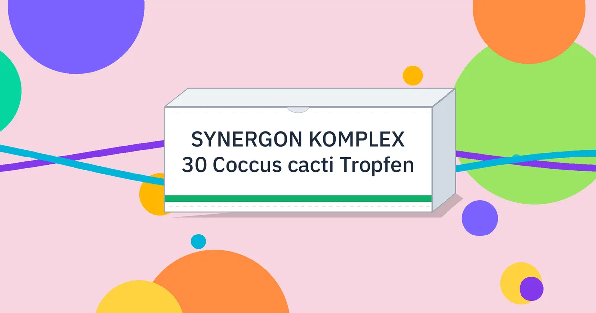 Symbolbild: Packung mit der Aufschrift SYNERGON KOMPLEX 30 Coccus cacti Tropfen (PZN 01855258) – Verfügbarkeit und Bezug in Apotheken in Frankfurt am Main