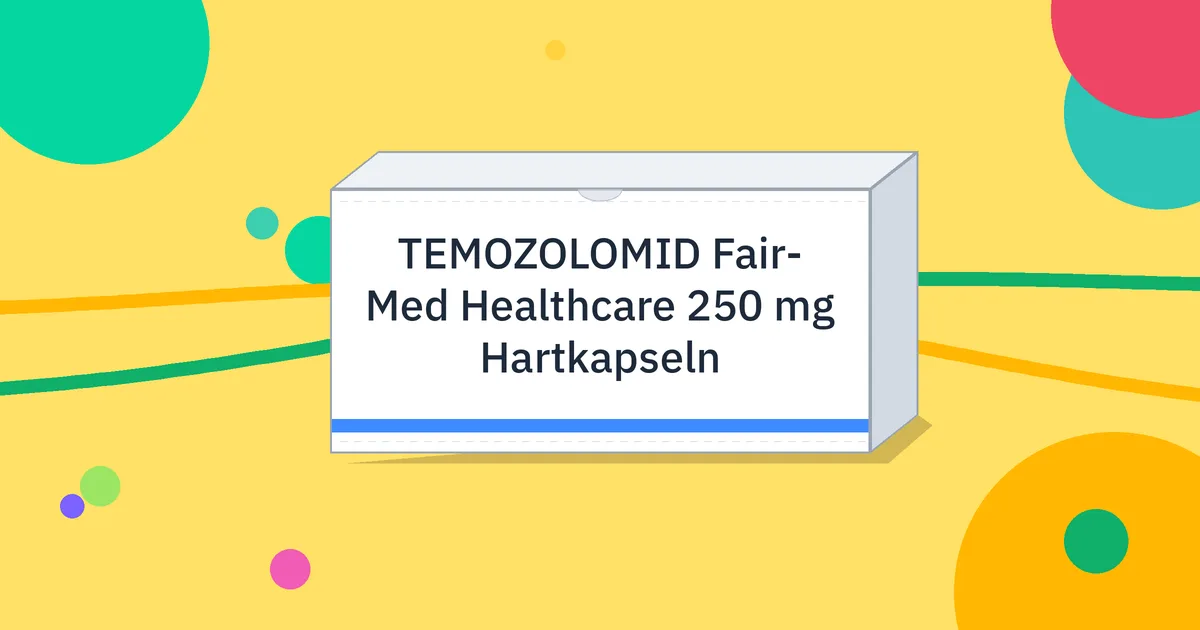 Symbolbild: Packung mit der Aufschrift TEMOZOLOMID Fair-Med Healthcare 250 mg Hartkapseln (PZN 14168068) – Verfügbarkeit und Bezug in Apotheken in Frankfurt am Main