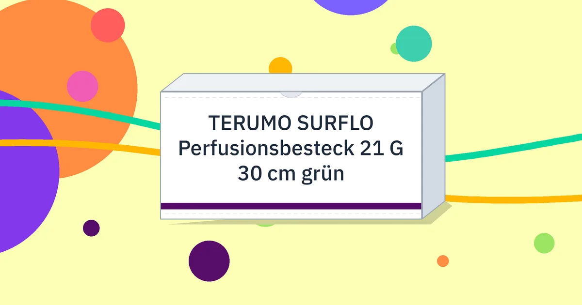 Symbolbild: Packung mit der Aufschrift TERUMO SURFLO Perfusionsbesteck 21 G 30 cm grün (PZN 09898043) – Verfügbarkeit und Bezug in Apotheken in Frankfurt am Main