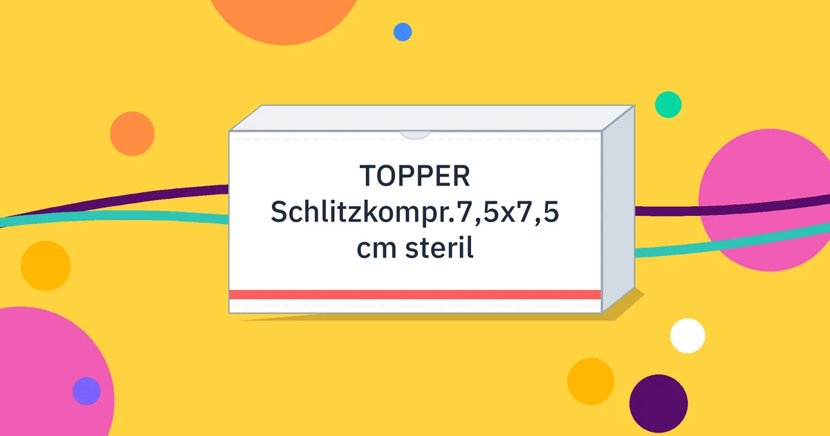 Symbolbild: Packung mit der Aufschrift TOPPER Schlitzkompr.7,5x7,5 cm steril (PZN 03307667) – Verfügbarkeit und Bezug in Apotheken in Frankfurt am Main