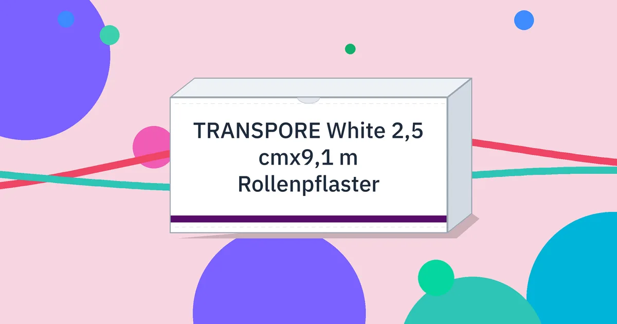 Symbolbild: Packung mit der Aufschrift TRANSPORE White 2,5 cmx9,1 m Rollenpflaster (PZN 19814509) – Verfügbarkeit und Bezug in Apotheken in Frankfurt am Main