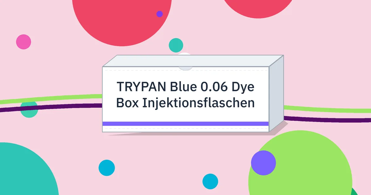 Symbolbild: Packung mit der Aufschrift TRYPAN Blue 0.06 Dye Box Injektionsflaschen (PZN 18897410) – Verfügbarkeit und Bezug in Apotheken in Frankfurt am Main