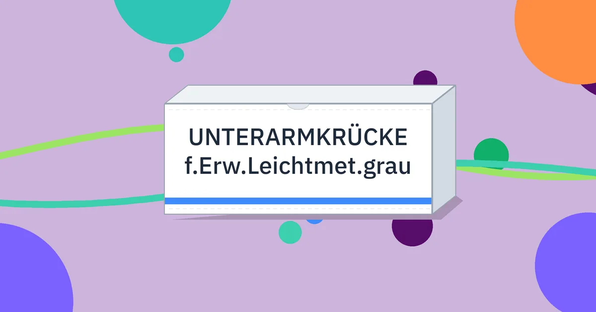Symbolbild: Packung mit der Aufschrift UNTERARMKRÜCKE f.Erw.Leichtmet.grau (PZN 08514589) – Verfügbarkeit und Bezug in Apotheken in Frankfurt am Main