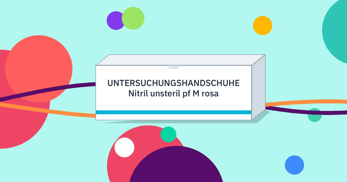 Symbolbild: Packung mit der Aufschrift UNTERSUCHUNGSHANDSCHUHE Nitril unsteril pf M rosa (PZN 14399810) – Verfügbarkeit und Bezug in Apotheken in Frankfurt am Main