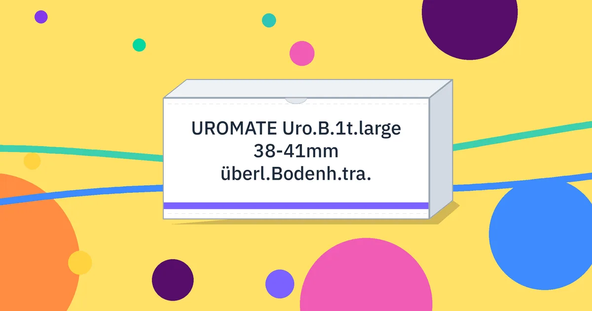 Symbolbild: Packung mit der Aufschrift UROMATE Uro.B.1t.large 38-41mm überl.Bodenh.tra. (PZN 03741406) – Verfügbarkeit und Bezug in Apotheken in Frankfurt am Main