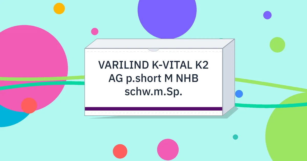 Symbolbild: Packung mit der Aufschrift VARILIND K-VITAL K2 AG p.short M NHB schw.m.Sp. (PZN 20565112) – Verfügbarkeit und Bezug in Apotheken in Frankfurt am Main