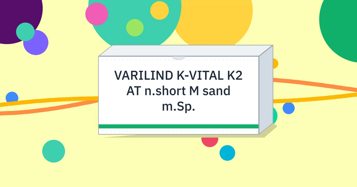 Symbolbild: Packung mit der Aufschrift VARILIND K-VITAL K2 AT n.short M sand m.Sp. (PZN 20561108) – Verfügbarkeit und Bezug in Apotheken in Frankfurt am Main