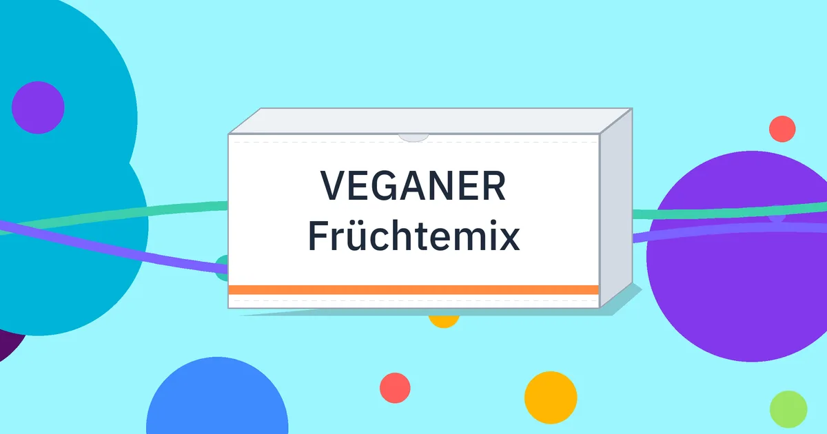 Symbolbild: Packung mit der Aufschrift VEGANER Früchtemix (PZN 19197169) – Verfügbarkeit und Bezug in Apotheken in Frankfurt am Main