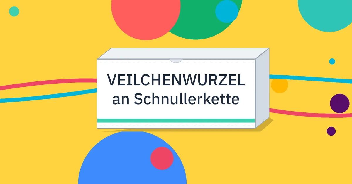 Symbolbild: Packung mit der Aufschrift VEILCHENWURZEL an Schnullerkette (PZN 13571721) – Verfügbarkeit und Bezug in Apotheken in Frankfurt am Main