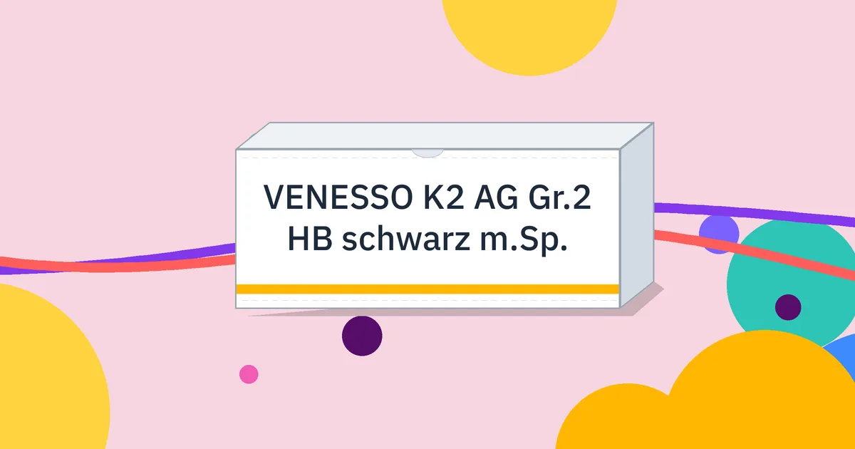 Symbolbild: Packung mit der Aufschrift VENESSO K2 AG Gr.2 HB schwarz m.Sp. (PZN 03264320) – Verfügbarkeit und Bezug in Apotheken in Frankfurt am Main