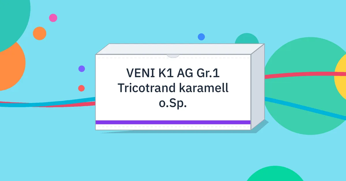 Symbolbild: Packung mit der Aufschrift VENI K1 AG Gr.1 Tricotrand karamell o.Sp. (PZN 13762272) – Verfügbarkeit und Bezug in Apotheken in Frankfurt am Main