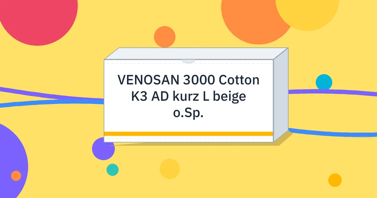Symbolbild: Packung mit der Aufschrift VENOSAN 3000 Cotton K3 AD kurz L beige o.Sp. (PZN 14421691) – Verfügbarkeit und Bezug in Apotheken in Frankfurt am Main
