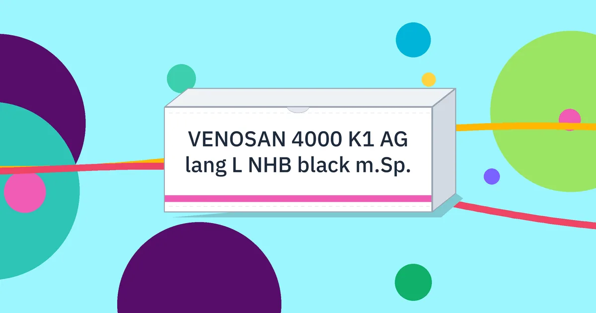 Symbolbild: Packung mit der Aufschrift VENOSAN 4000 K1 AG lang L NHB black m.Sp. (PZN 14426955) – Verfügbarkeit und Bezug in Apotheken in Frankfurt am Main