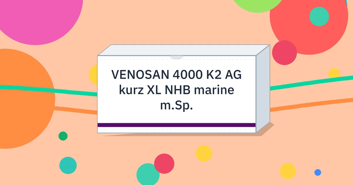 Symbolbild: Packung mit der Aufschrift VENOSAN 4000 K2 AG kurz XL NHB marine m.Sp. (PZN 16602445) – Verfügbarkeit und Bezug in Apotheken in Frankfurt am Main