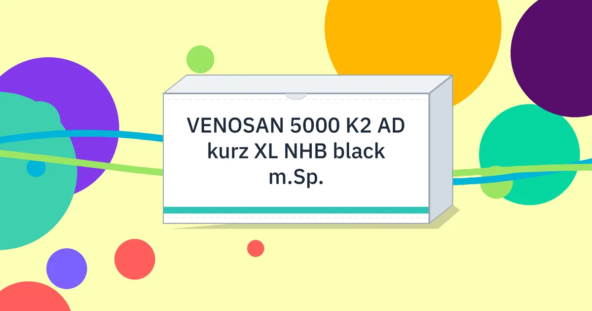 Symbolbild: Packung mit der Aufschrift VENOSAN 5000 K2 AD kurz XL NHB black m.Sp. (PZN 14433458) – Verfügbarkeit und Bezug in Apotheken in Frankfurt am Main