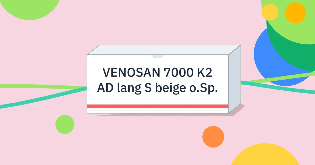 Symbolbild: Packung mit der Aufschrift VENOSAN 7000 K2 AD lang S beige o.Sp. (PZN 14434133) – Verfügbarkeit und Bezug in Apotheken in Frankfurt am Main