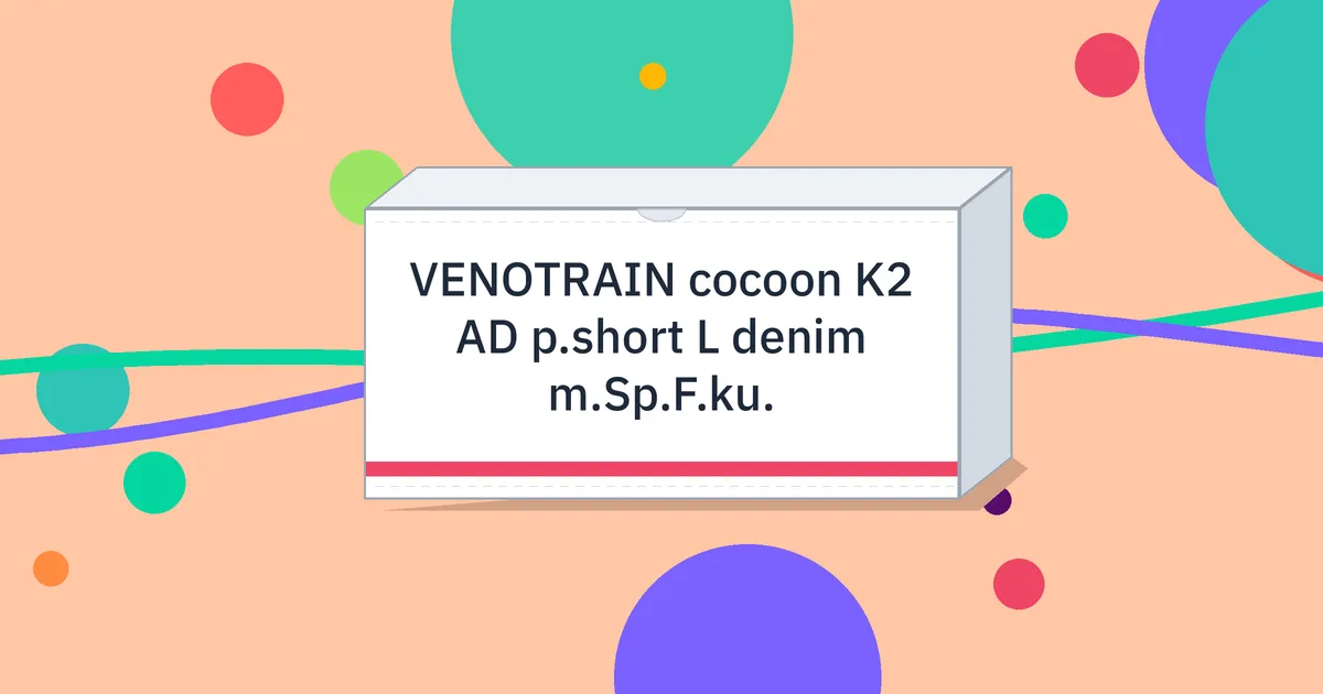 Symbolbild: Packung mit der Aufschrift VENOTRAIN cocoon K2 AD p.short L denim m.Sp.F.ku. (PZN 19199004) – Verfügbarkeit und Bezug in Apotheken in Frankfurt am Main