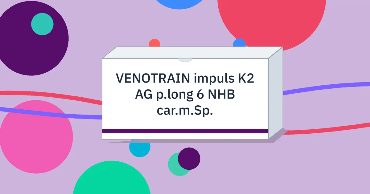 Symbolbild: Packung mit der Aufschrift VENOTRAIN impuls K2 AG p.long 6 NHB car.m.Sp. (PZN 00505800) – Verfügbarkeit und Bezug in Apotheken in Frankfurt am Main