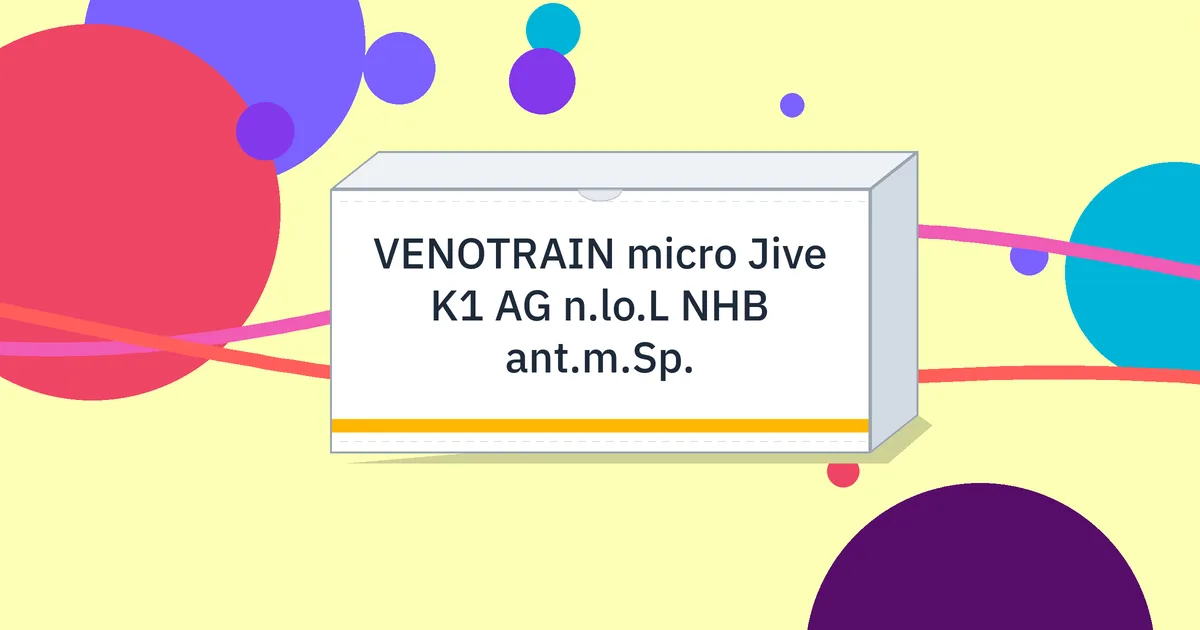 Symbolbild: Packung mit der Aufschrift VENOTRAIN micro Jive K1 AG n.lo.L NHB ant.m.Sp. (PZN 17766522) – Verfügbarkeit und Bezug in Apotheken in Frankfurt am Main