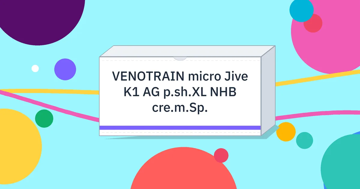 Symbolbild: Packung mit der Aufschrift VENOTRAIN micro Jive K1 AG p.sh.XL NHB cre.m.Sp. (PZN 17763475) – Verfügbarkeit und Bezug in Apotheken in Frankfurt am Main