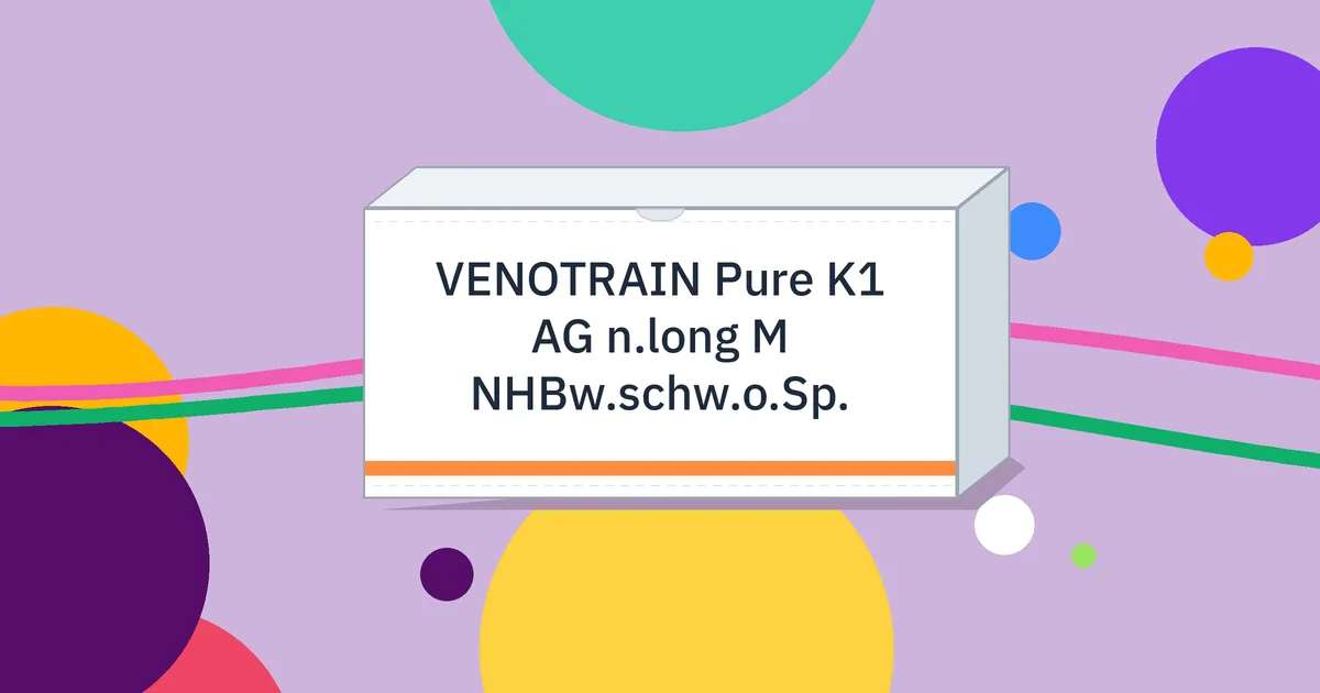 Symbolbild: Packung mit der Aufschrift VENOTRAIN Pure K1 AG n.long M NHBw.schw.o.Sp. (PZN 18150875) – Verfügbarkeit und Bezug in Apotheken in Frankfurt am Main