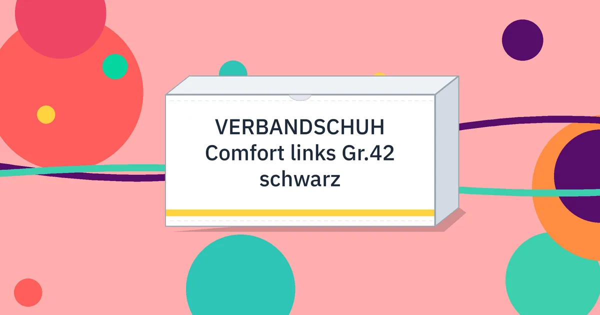 Symbolbild: Packung mit der Aufschrift VERBANDSCHUH Comfort links Gr.42 schwarz (PZN 11015016) – Verfügbarkeit und Bezug in Apotheken in Frankfurt am Main