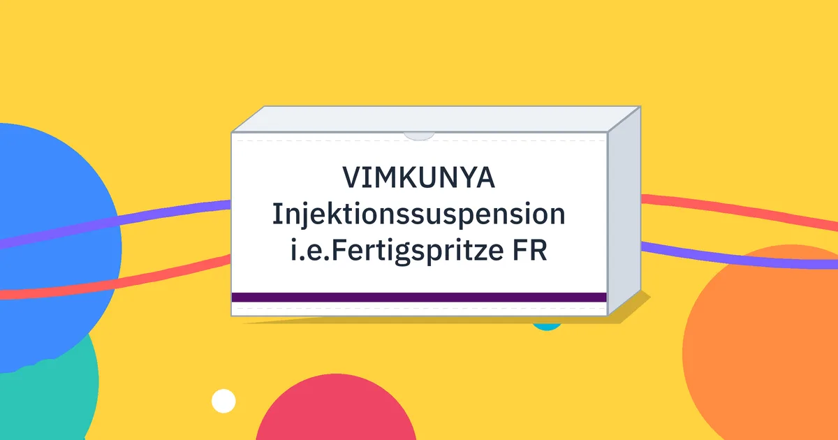 Symbolbild: Packung mit der Aufschrift VIMKUNYA Injektionssuspension i.e.Fertigspritze FR (PZN 20346657) – Verfügbarkeit und Bezug in Apotheken in Frankfurt am Main