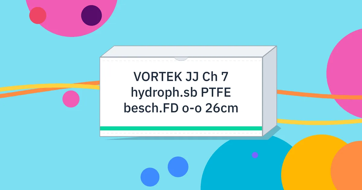 Symbolbild: Packung mit der Aufschrift VORTEK JJ Ch 7 hydroph.sb PTFE besch.FD o-o 26cm (PZN 17998913) – Verfügbarkeit und Bezug in Apotheken in Frankfurt am Main