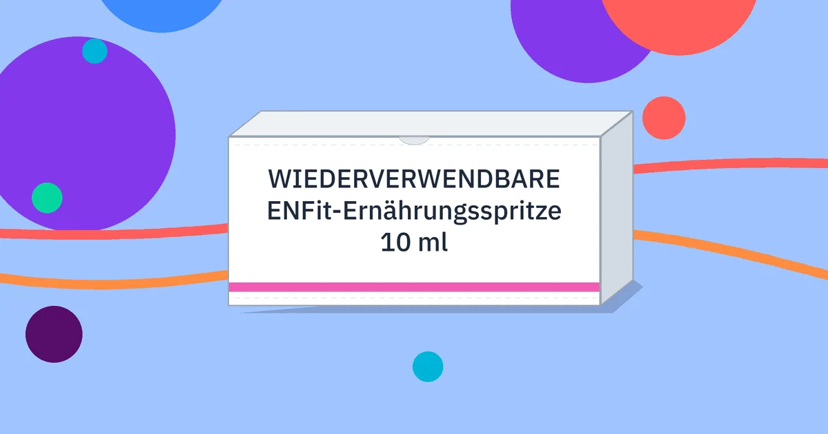 Symbolbild: Packung mit der Aufschrift WIEDERVERWENDBARE ENFit-Ernährungsspritze 10 ml (PZN 19997059) – Verfügbarkeit und Bezug in Apotheken in Frankfurt am Main