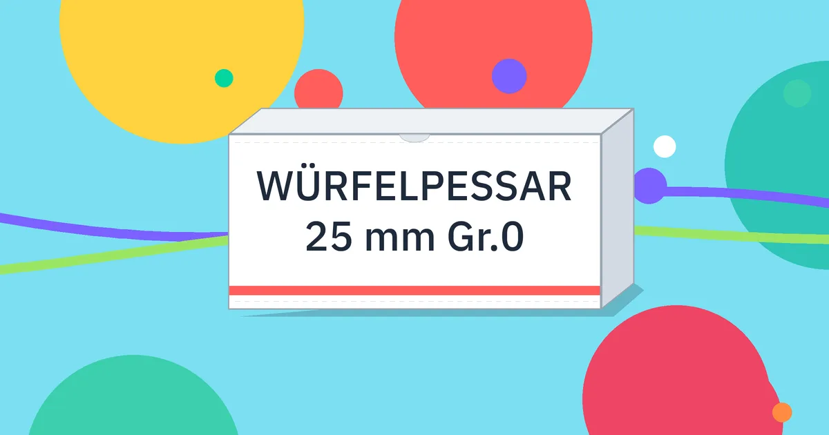 Symbolbild: Packung mit der Aufschrift WÜRFELPESSAR 25 mm Gr.0 (PZN 07286330) – Verfügbarkeit und Bezug in Apotheken in Frankfurt am Main
