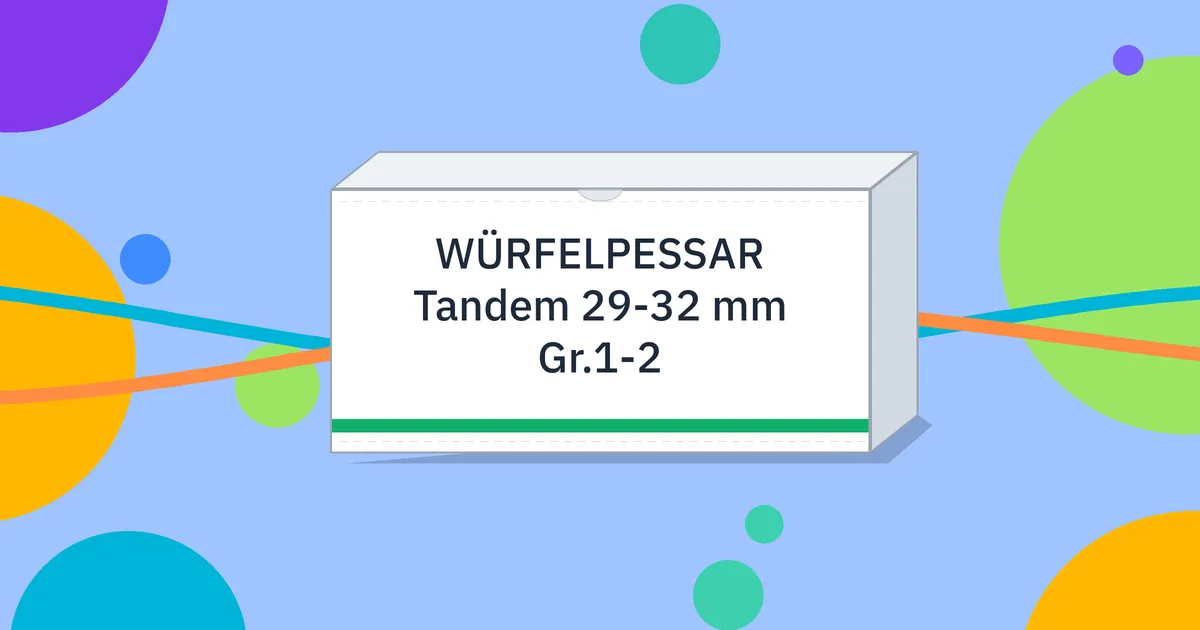 Symbolbild: Packung mit der Aufschrift WÜRFELPESSAR Tandem 29-32 mm Gr.1-2 (PZN 06499242) – Verfügbarkeit und Bezug in Apotheken in Frankfurt am Main