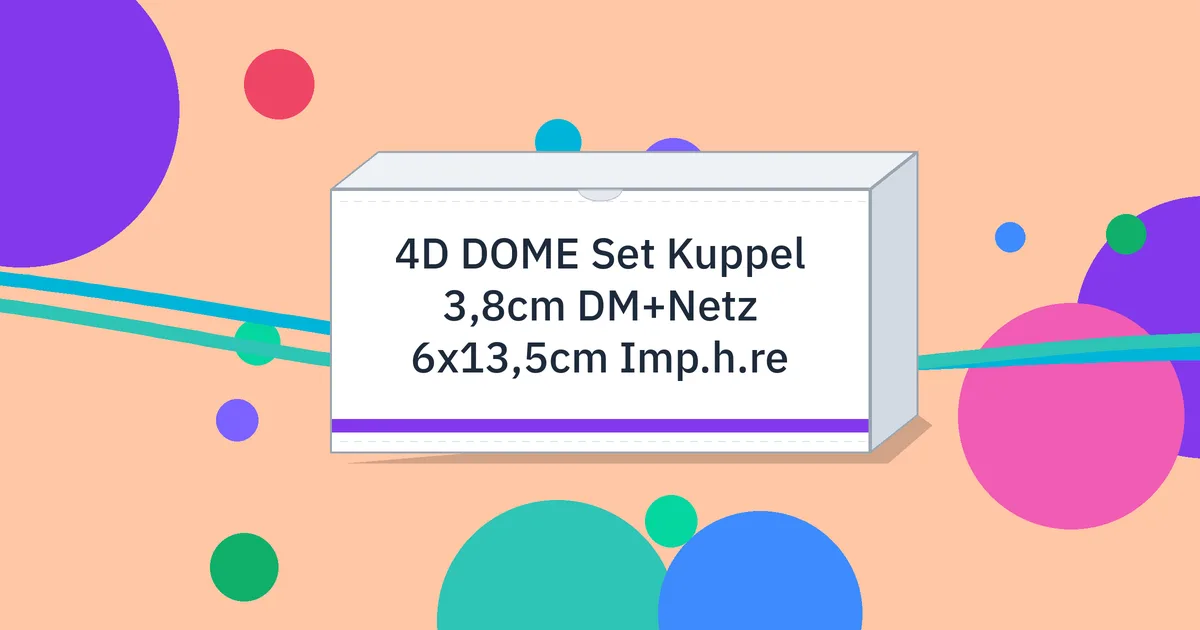 Symbolbild: Packung mit der Aufschrift 4D DOME Set Kuppel 3,8cm DM+Netz 6x13,5cm Imp.h.re (PZN 19505151) – Verfügbarkeit und Bezug in Apotheken in Frankfurt am Main