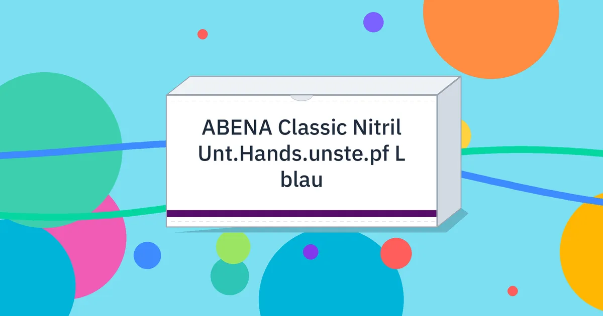 Symbolbild: Packung mit der Aufschrift ABENA Classic Nitril Unt.Hands.unste.pf L blau (PZN 16757739) – Verfügbarkeit und Bezug in Apotheken in Frankfurt am Main