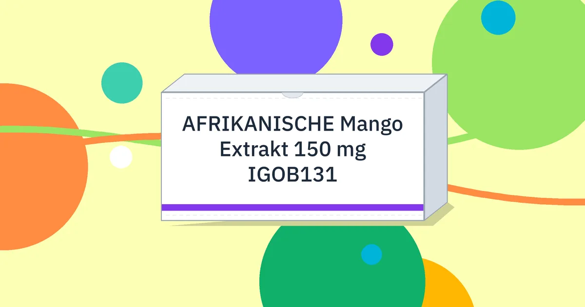 Symbolbild: Packung mit der Aufschrift AFRIKANISCHE Mango Extrakt 150 mg IGOB131 (PZN 10176467) – Verfügbarkeit und Bezug in Apotheken in Frankfurt am Main