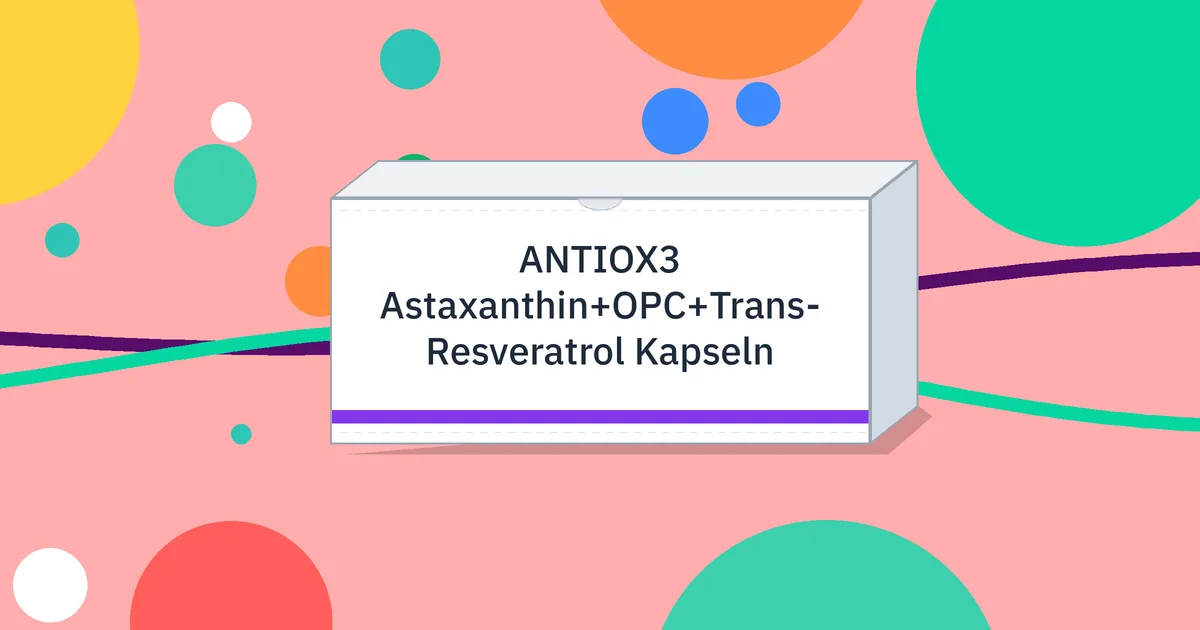 Symbolbild: Packung mit der Aufschrift ANTIOX3 Astaxanthin+OPC+Trans-Resveratrol Kapseln (PZN 20101306) – Verfügbarkeit und Bezug in Apotheken in Frankfurt am Main