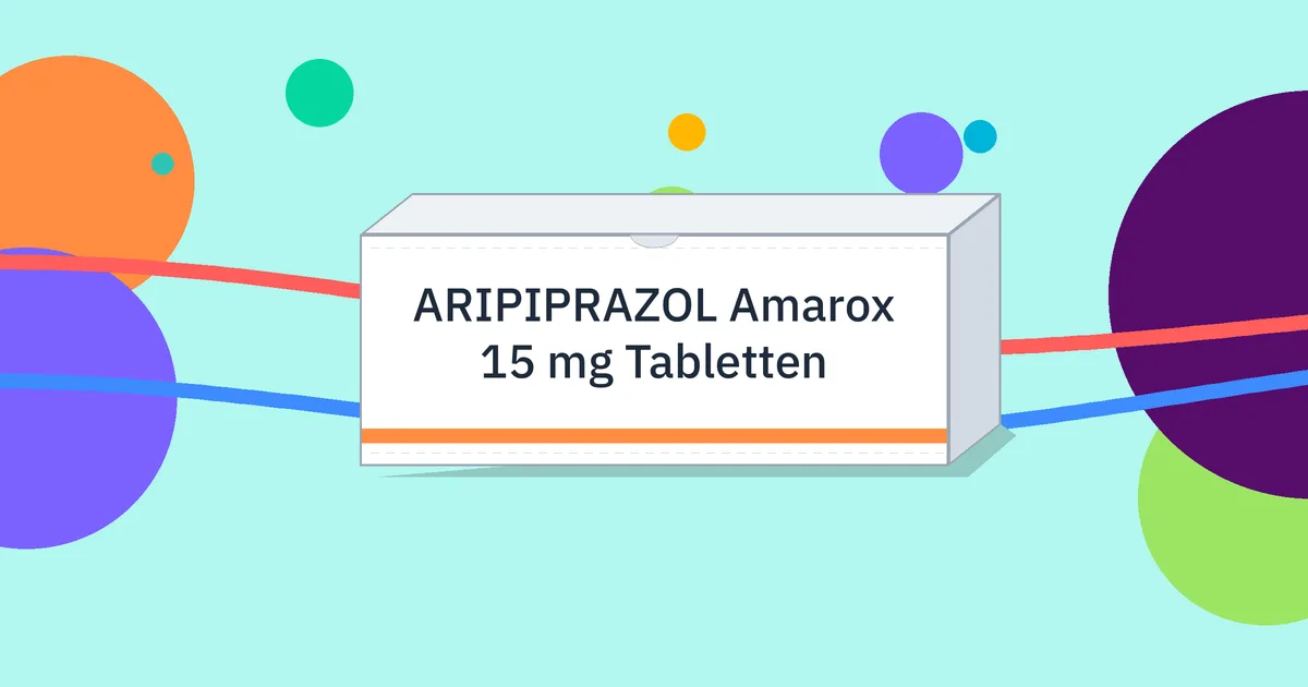 Symbolbild: Packung mit der Aufschrift ARIPIPRAZOL Amarox 15 mg Tabletten (PZN 18738410) – Verfügbarkeit und Bezug in Apotheken in Frankfurt am Main