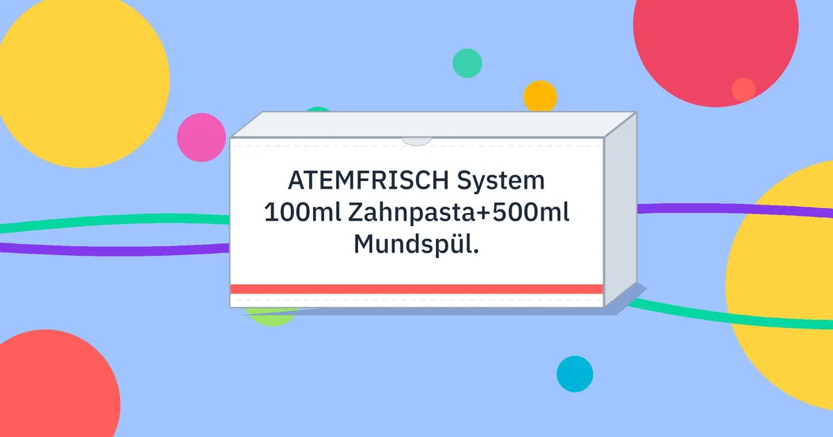 Symbolbild: Packung mit der Aufschrift ATEMFRISCH System 100ml Zahnpasta+500ml Mundspül. (PZN 15875388) – Verfügbarkeit und Bezug in Apotheken in Frankfurt am Main