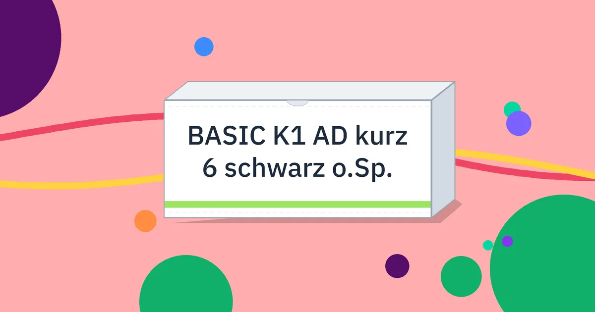 Symbolbild: Packung mit der Aufschrift BASIC K1 AD kurz 6 schwarz o.Sp. (PZN 20259088) – Verfügbarkeit und Bezug in Apotheken in Frankfurt am Main