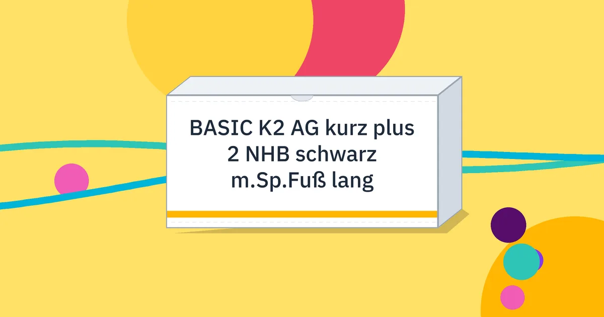 Symbolbild: Packung mit der Aufschrift BASIC K2 AG kurz plus 2 NHB schwarz m.Sp.Fuß lang (PZN 20266616) – Verfügbarkeit und Bezug in Apotheken in Frankfurt am Main