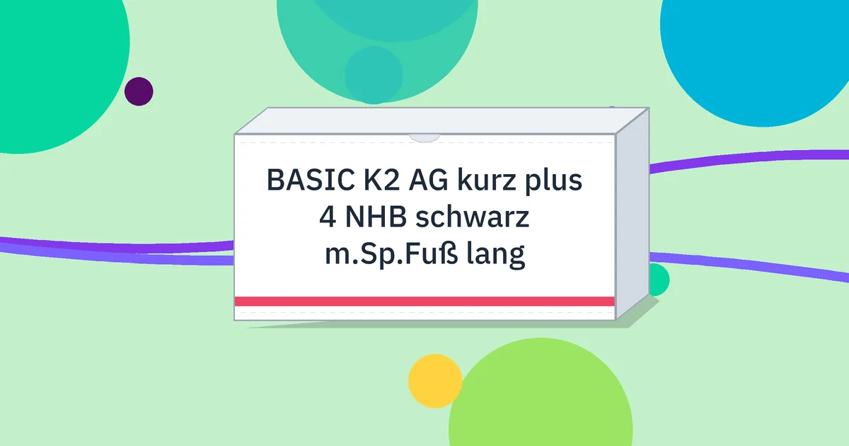 Symbolbild: Packung mit der Aufschrift BASIC K2 AG kurz plus 4 NHB schwarz m.Sp.Fuß lang (PZN 20267509) – Verfügbarkeit und Bezug in Apotheken in Frankfurt am Main