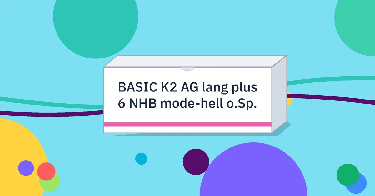 Symbolbild: Packung mit der Aufschrift BASIC K2 AG lang plus 6 NHB mode-hell o.Sp. (PZN 20268437) – Verfügbarkeit und Bezug in Apotheken in Frankfurt am Main