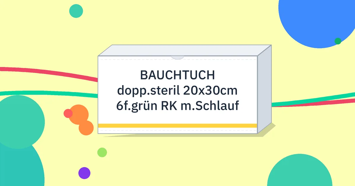 Symbolbild: Packung mit der Aufschrift BAUCHTUCH dopp.steril 20x30cm 6f.grün RK m.Schlauf (PZN 13166251) – Verfügbarkeit und Bezug in Apotheken in Frankfurt am Main