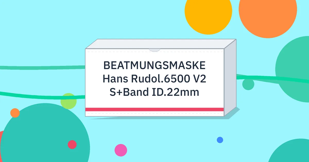 Symbolbild: Packung mit der Aufschrift BEATMUNGSMASKE Hans Rudol.6500 V2 S+Band ID.22mm (PZN 17303414) – Verfügbarkeit und Bezug in Apotheken in Frankfurt am Main